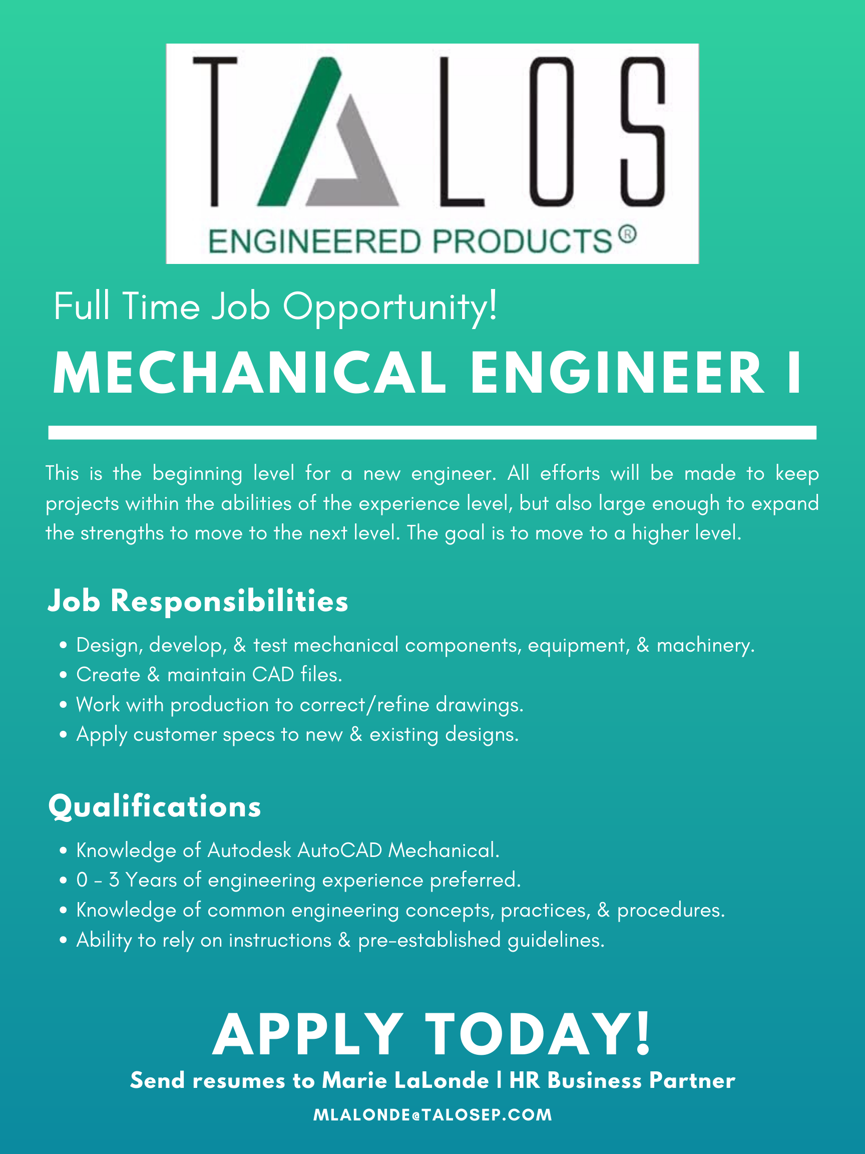 Mechanical Engineer I | Talos Engineering Products – Undergraduate Blog