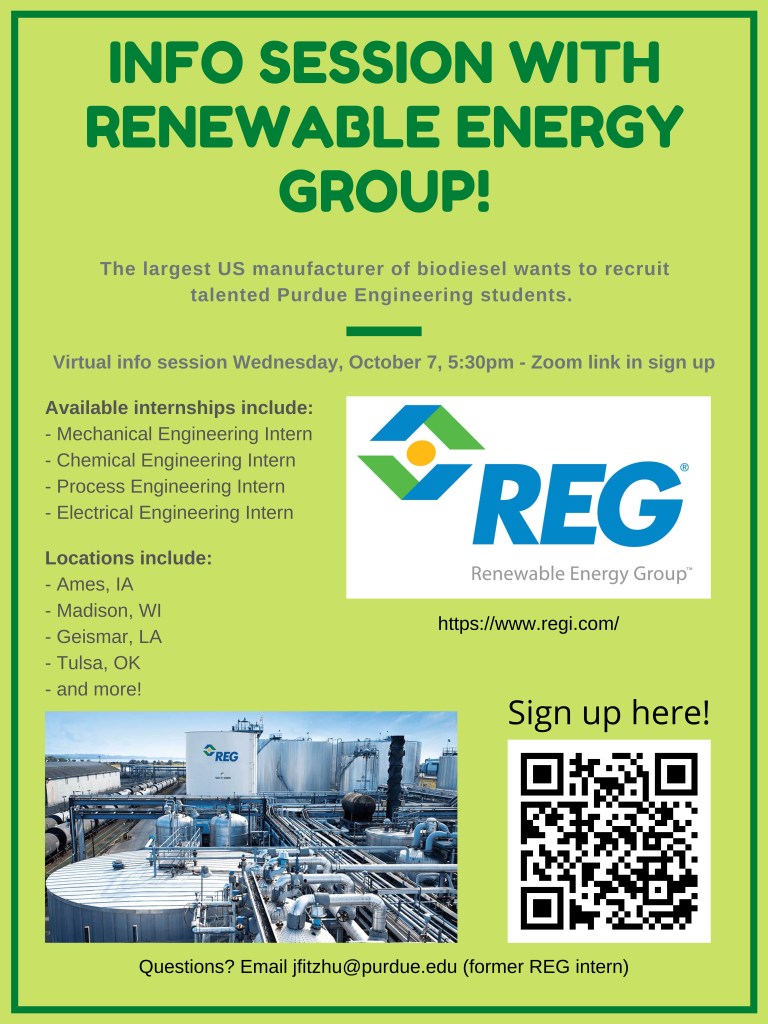Info Session with Renewable Energy Group – 10/7 – PurdueME.com