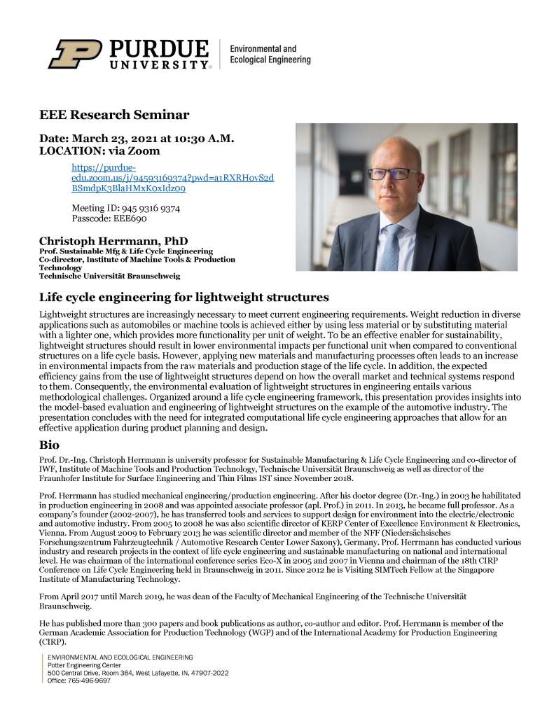 EEE Graduate Seminar, Christoph Herrmann, March 23 via zoom – PurdueME.com