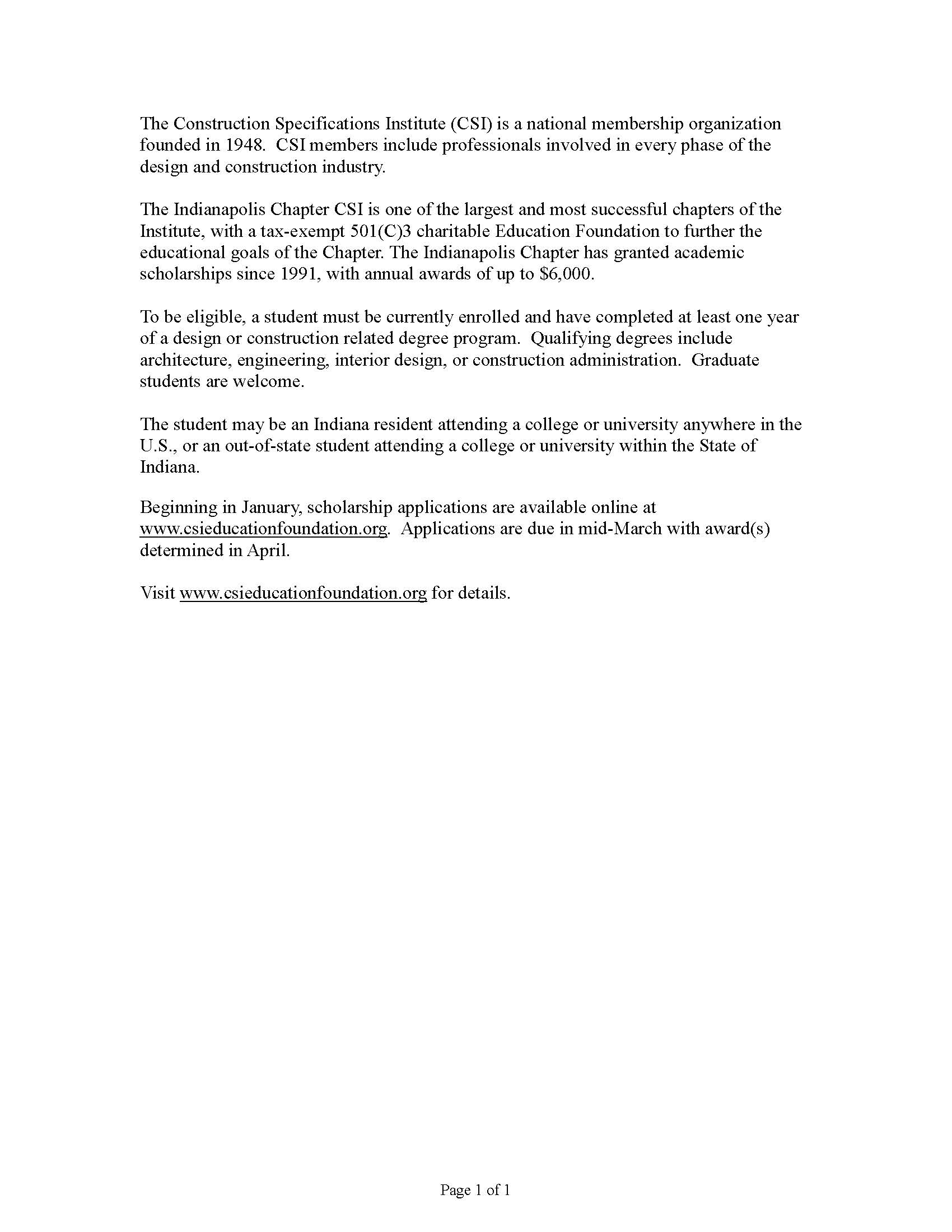 2023 CSI Indianapolis Chapter Education Foundation Memorial Scholarship ...