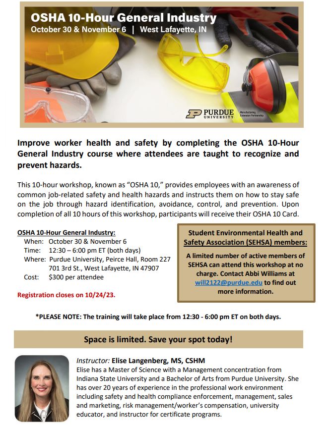 OSHA-10 Training Days- 10/30 and 11/6 – PurdueME.com