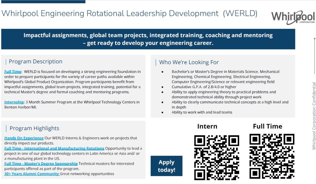 Whirlpool Engineering Rotational Leadership Development Positions ...